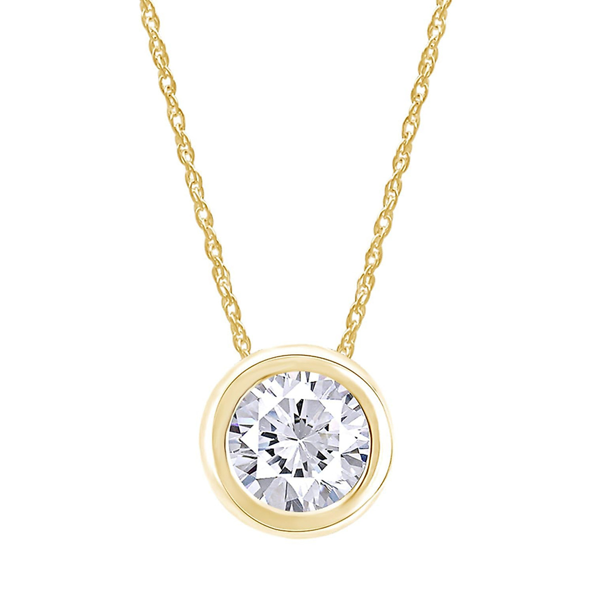 THE JEWEL ZONE 14K Solid Yellow Gold Pendant Necklace, Bezel Set 1 Carat Round Cut Cubic Zirconia Solitaire Pendant Necklace For Women With 18" Gold Chain necklace