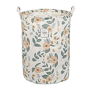 UUJOLY Collapsible Laundry Basket, Laundry Hamper with Handles Waterproof Round Cotton Linen Laundry Hamper Printing Household Organizer Basket, 19.7x15.7 inches, Green