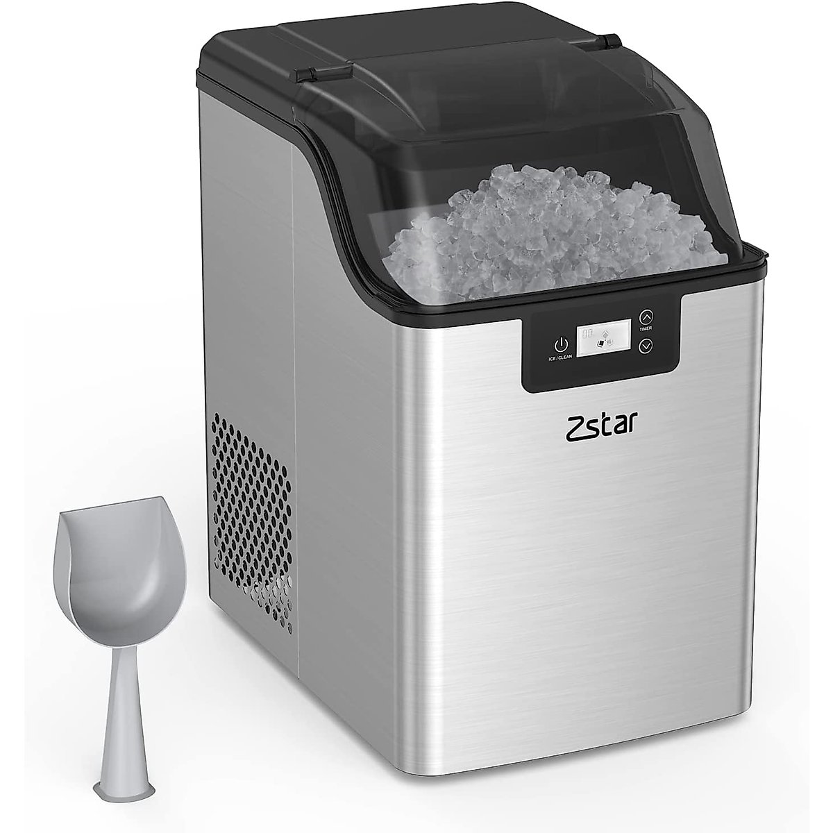 Zstar Nugget Ice Maker, Stainless Steel Countertop Ice Machine with 44Lbs/24H Output, Crunchy Sonic Ice Maker Machine, Self-Cleaning Portable Ice Maker with Freestanding Ice Scoop for Home,Office,Bar