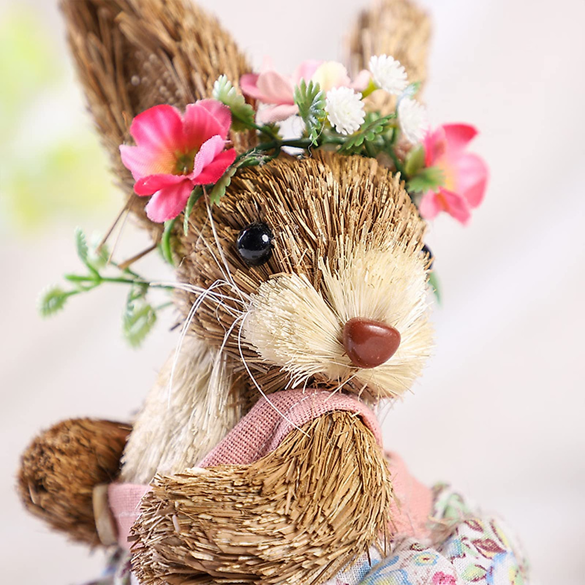 YIREAUD 1 Pcs Easter Straw Rabbit Easter Bunny Figurine Decoration Easter Bunny Statue Artificial Animal Model Sculpture Standing Straw Woven Bunny Ornament for Home Garden Spring Decor