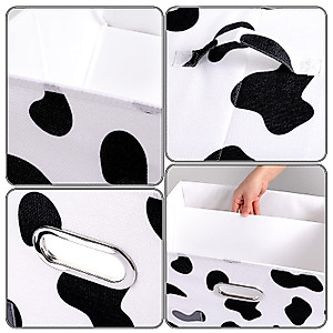 ANMINY 2PCS Large Storage Bins Cow Print Foldable Cotton Linen Lidded Box Basket Cubes Set with Removable Lids PP Plastic Board Handles Label Window Home Closet Shelf Clothes Toys Organizer Containers