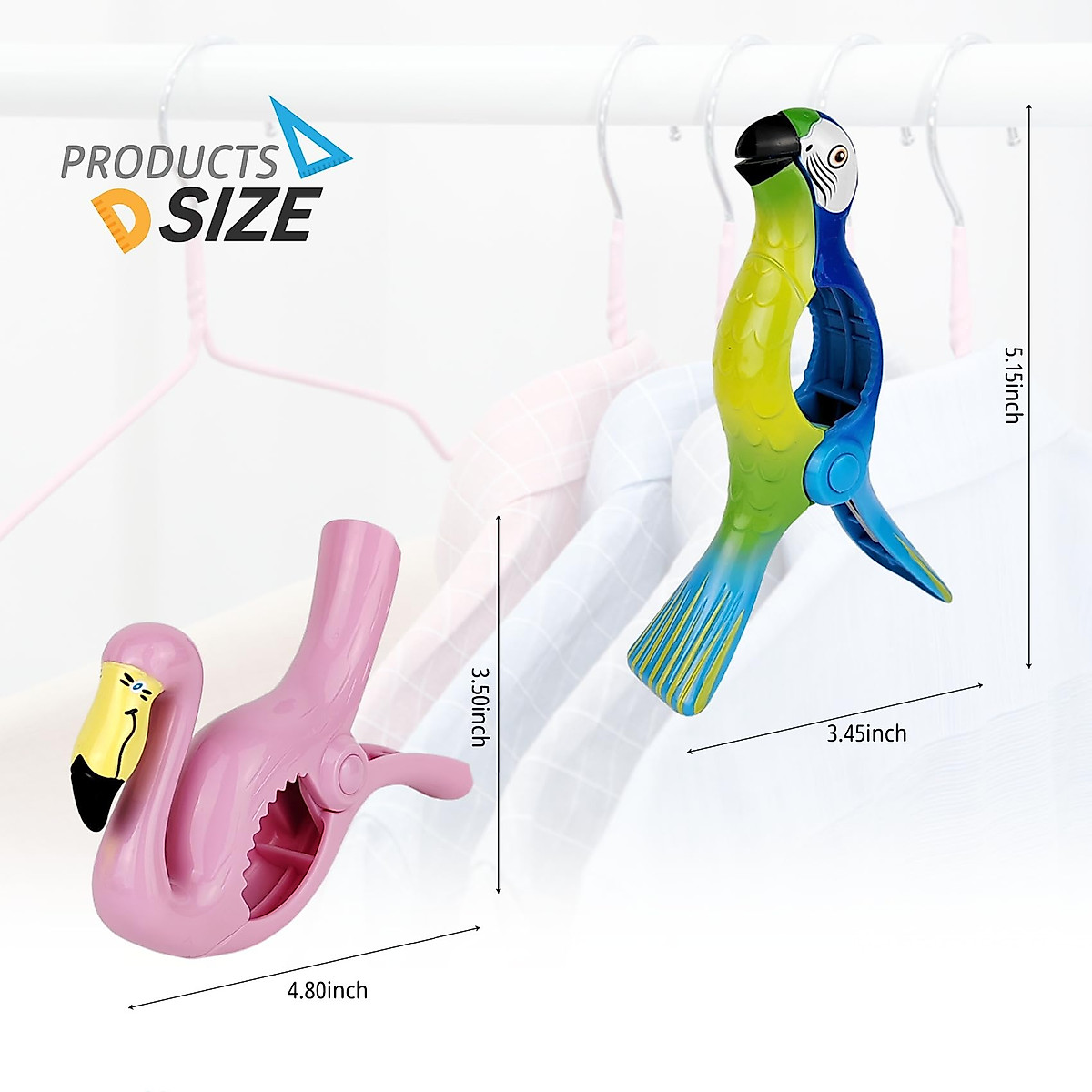 Beach Towel Clips for Chair Secure Clips for Beach Chairs Jumbo Size Plastic Clothes Pegs for Pool Lounger (4Pcs Flamingo and 4Pcs Parrot)