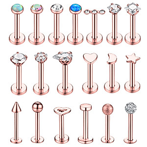BodyJ4You 19PC Labret Stud Straight Tragus Bar Set 16G Rose Goldtone Lip Retainer Piercing Jewelry