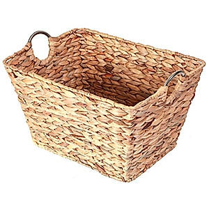 Vintiquewise Large Square Water Hyacinth Wicker Laundry Basket with Metal Handles