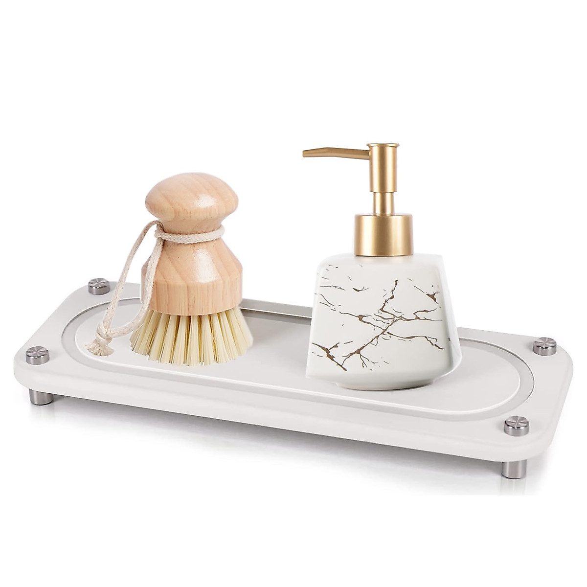 Sink Caddy, Tingtio Instant Dry Kitchen Sink Organizer Sponge Holder Bathroom Countertop tray Diatomaceous Pedestal Stand Riser with Stainless Steel Feet and Rubber Bottom White