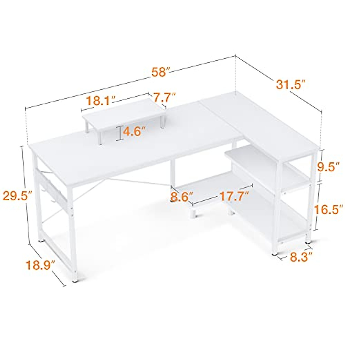ODK Small L Shaped Computer Desk with Reversible Storage Shelves, 58 Inch Corner Desk with Monitor Stand for Small Space, Modern Simple Writing Study Table for Home Office Workstation, White