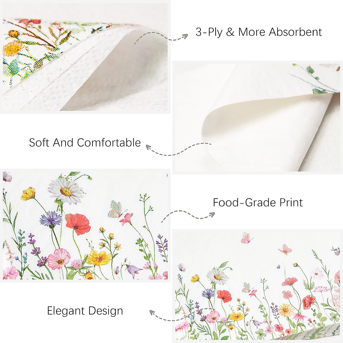 Crisky 100 Pcs Wildflower Floral Luncheon Disposable Napkins for Wedding/Engagement/Bridal Shower/Baby Shower/Anniversary Party Decoration, 3-Ply