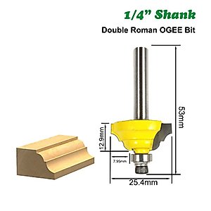 Wilsnsun 1/4 Inch Shank Forming Roundover Beading Router Bit Set Includes Beading Bit, Double Roman Ogee Bit, Roman Ogee Bit with Bearing for Table, Drawer or Cabinet Edges - 1/2" Radius 3Pcs
