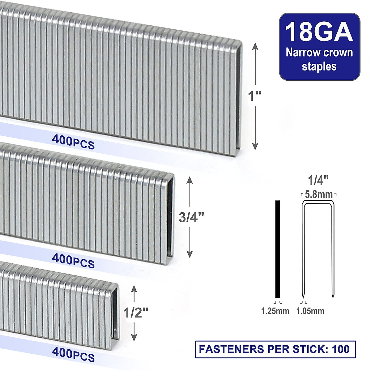 HW HAMWOO 18 Gauge 1800PCS,1/4" Narrow Crown Staples (1/2"- 400; 3/4"- 400; 1"- 400) and Brad Nails (5/8"-300,3/4"-300), Suitable for Most Brand of 18 Gauge Stapler