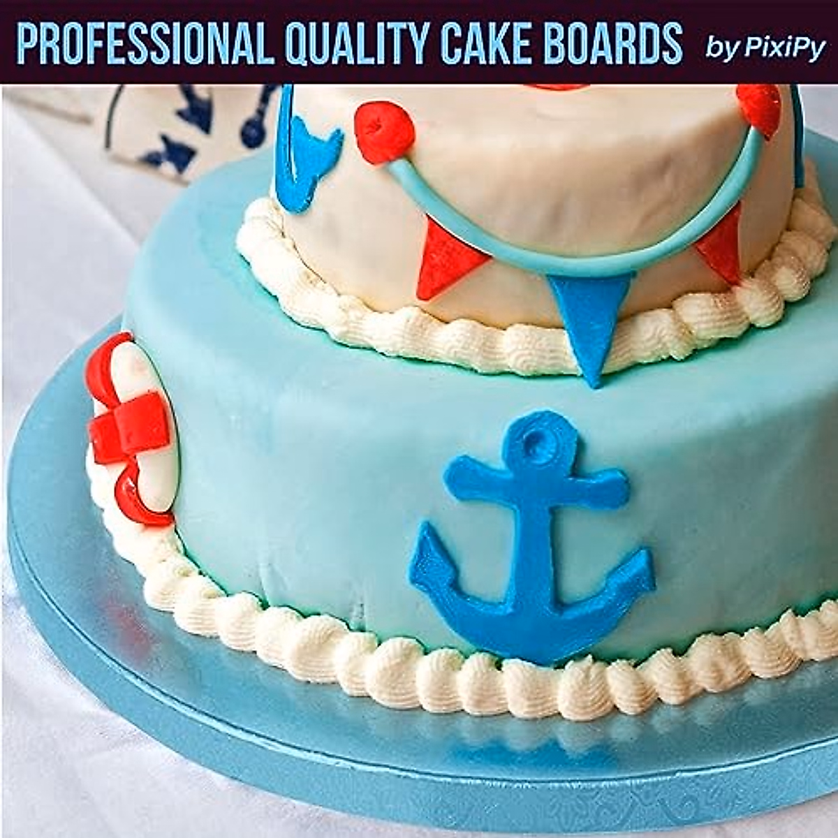 Cake Boards (4 Pack, 12 inch, Blue), Reusable Round Cake Drums for Showstopping Desserts, Heavy-Duty Disposable Cardboard Cake Bases W/ Elegant Patterns, Cake Decorating Supplies by PixiPy