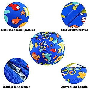 Stuffed Animal Storage Bean Bag Chairs Toy Storage Organizer Bean Bags Chair Cover for Kids 24" Cotton Canvas Beanbag with Zipper for Organizing Kid's and Adults Room, (Blue sea world, 24" x 1)