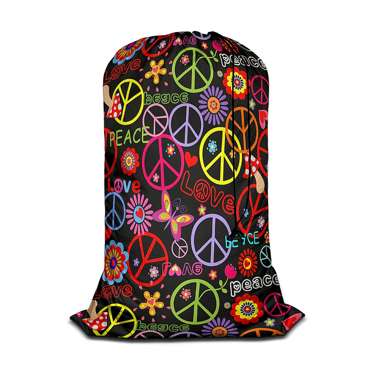 Swono Hippie Peace Symbol XL Laundry Bags, Drawstring Closure Dirty Clothes Bag Organizer, Heavy Duty Laundry Bag, Mushrooms Paisley Flowers Bags for Camp Travel, Machine Washable 28"x40", Colorful