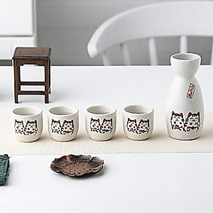 Mozacona Ceramic Lucky Cat Japanese Sake Set,1 Tokkuri Bottle and 4 Ochoko Cups