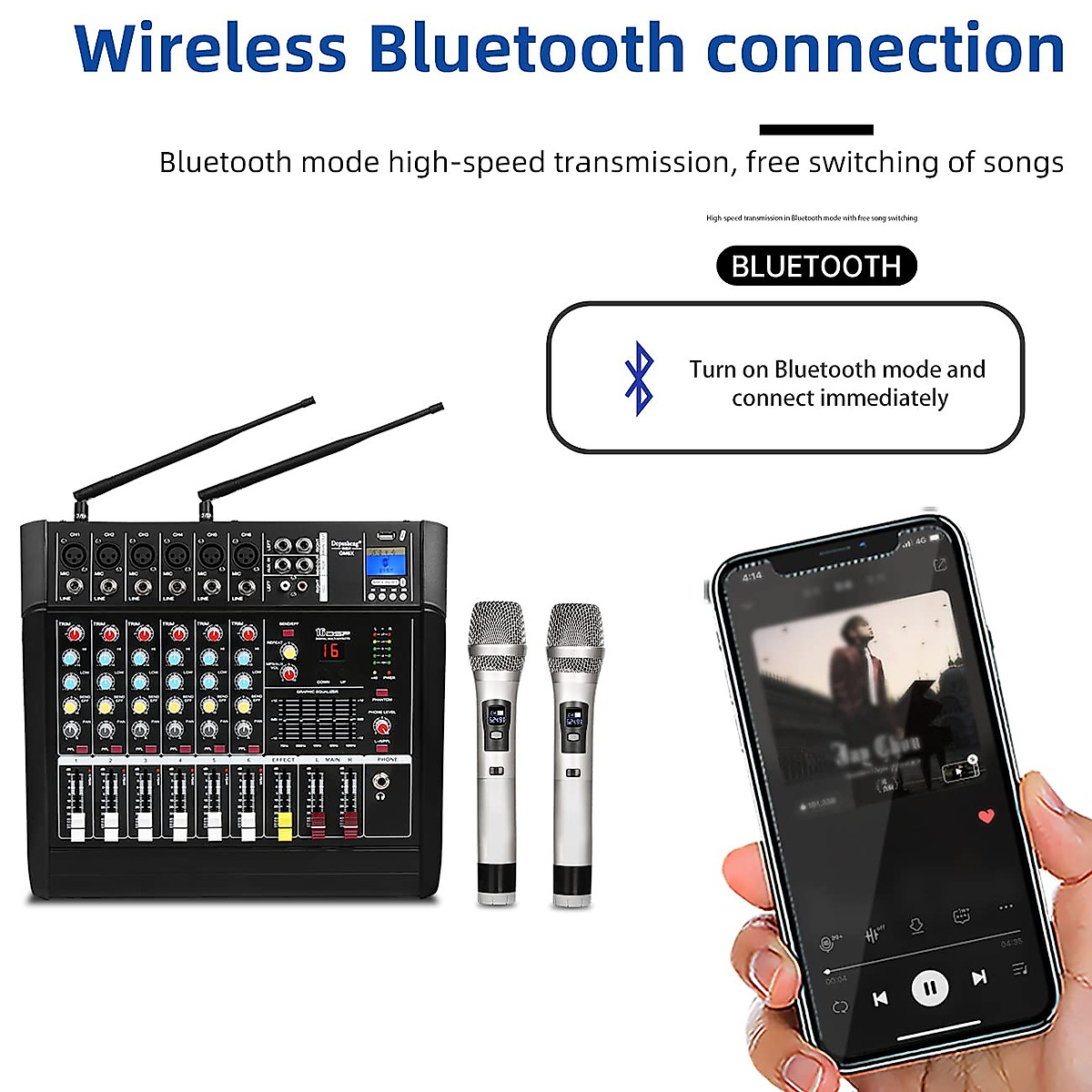 Professional 6 Channel Bluetooth USB Audio Mixer Mixing Console with 2 Handheld Wireless Microphone for Home Studio Recording DJ Network Live Karaoke - Depusheng GM6X