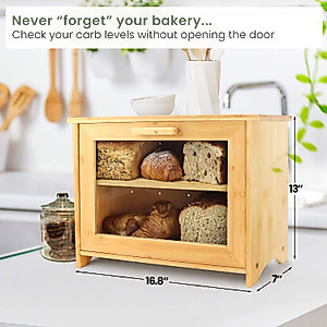 Pristine Bamboo Bread Box for Kitchen Countertop - Double Layer Bread Storage Bin with Clear Windows - Rustic Farmhouse Style Bread Bin, Wooden Large Capacity Bamboo Food Storage Bin (Self-Assembly)