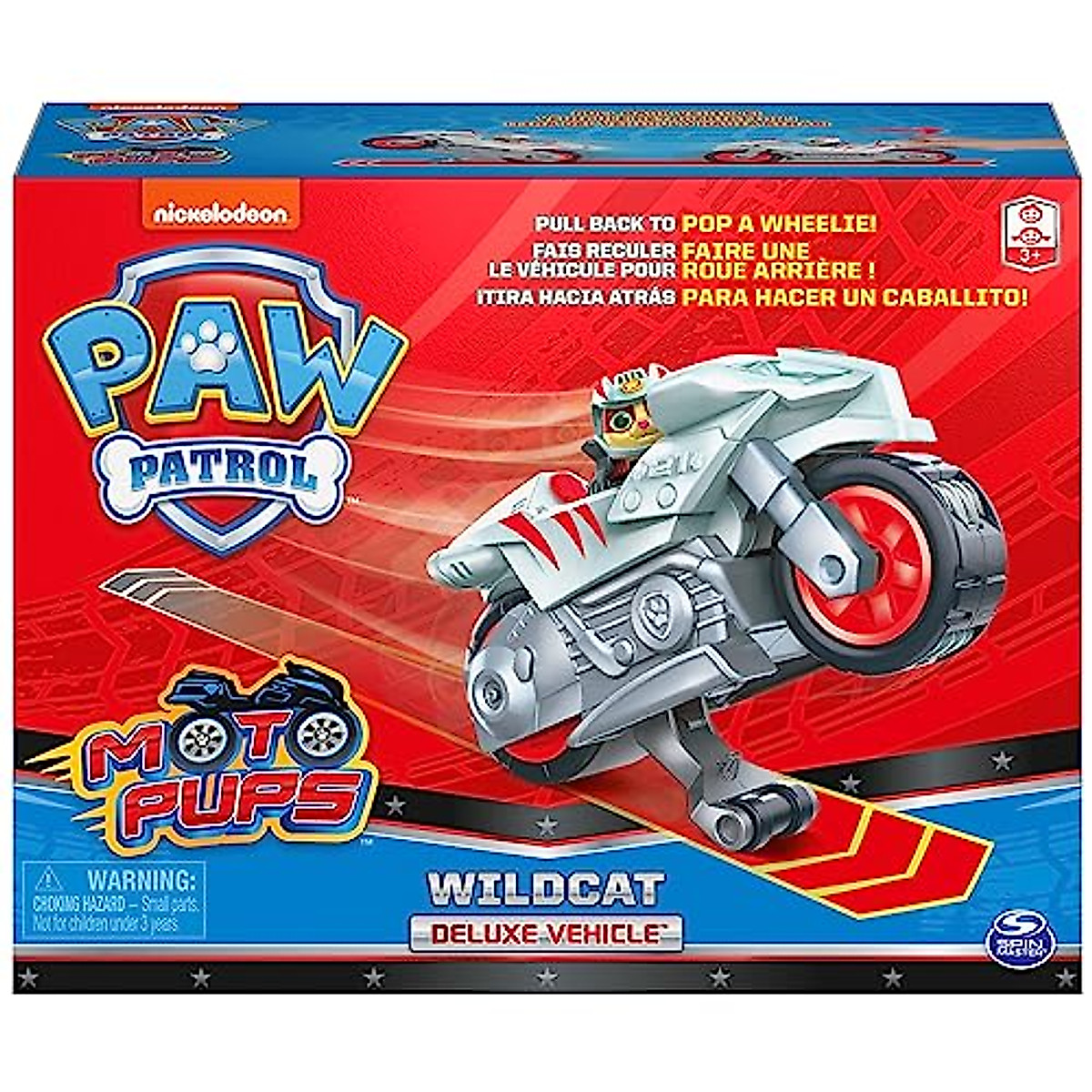 Paw Patrol, Moto Pups Wildcat’s Deluxe Pull Back Motorcycle Vehicle with Wheelie Feature and Toy Figure