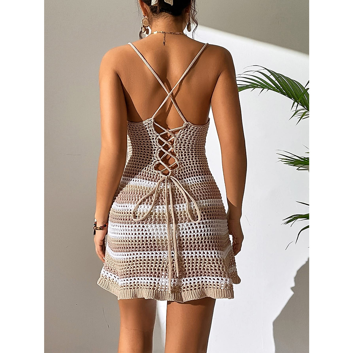 SOLY HUX Womens Bathing Suit Cover Ups Crochet Swimsuits Swimwear Striped Cut Out Summer Beach Cami Dress Brown and White Medium