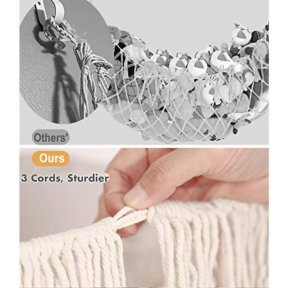 Large Stuffed Animal Hammock - [56'' Wide/Upgraded Handwoven Macrame/Cream] Toy Storage Net Hammock for Flat Wall, Hardware Included