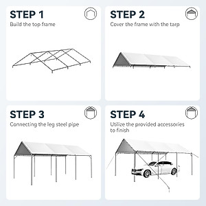 PHI VILLA 12x20 ft Heavy Duty Carport Car Canopy Party Tent Adjustable Peak Height, Garage Storage Boat Shelter with Waterproof & UV Protected Tarp, White