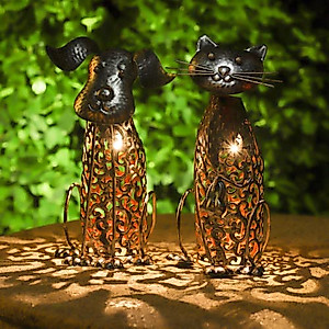 Nature's porter Silver Cat and Dog Figurine Metal Material Solar Powered Outdoor Garden LED Lights for Yard Patio Lawn Landscape Pathway Decorations(2 Packs)