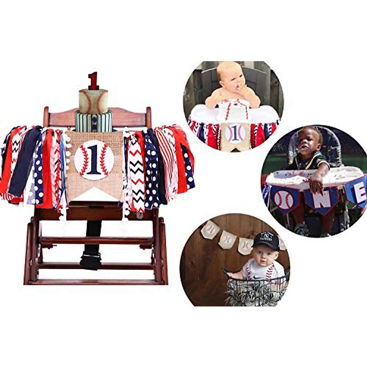 Baseball Banner for 1 St Birthday - First Birthday Decorations for Baseball Rag Tie Fabric Garland, Photo Booth Props Red White Blue, Birthday Souvenir and Gifts for Boy