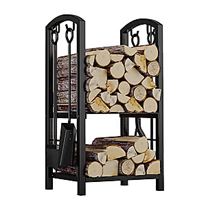 Fire Beauty Fireplace Firewood Log Rack 5-Piece Storage Logs Holder with Tools Set with 4 Tools Set Fireside Holders Wood Lumber Storage Stacking Black