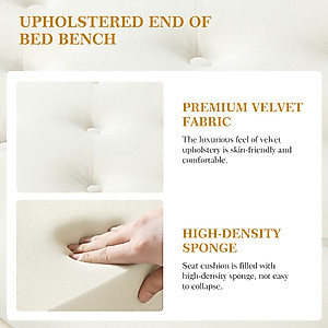 HULALA HOME Modern Velvet Storage Ottoman Bench with Gold Base & Nailhead Trim, Upholstered Bedroom Bench for End of Bed, Button-Tufted Footstool for Entryway Living Room Dining Room, Ivory