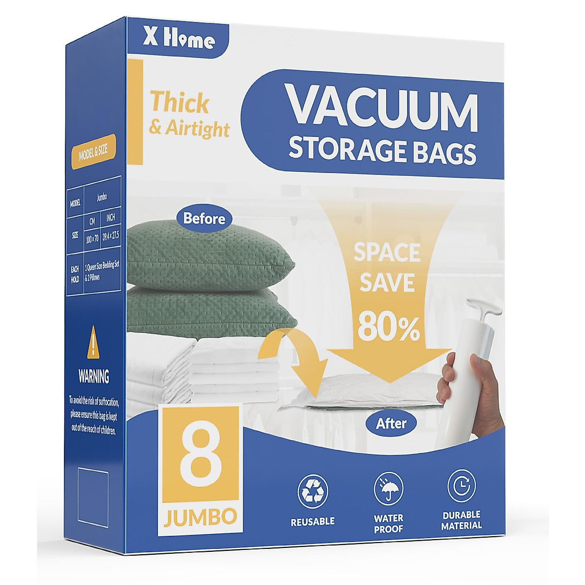 8 Pack Jumbo Vacuum Storage Bags, 80% Space Saver Vacuum Seal Bags for Clothing Bedding, Blankets, Comforters, Duvets, Quilts, and Pillows, Vacuum Compression Bags with Travel Hand Pump