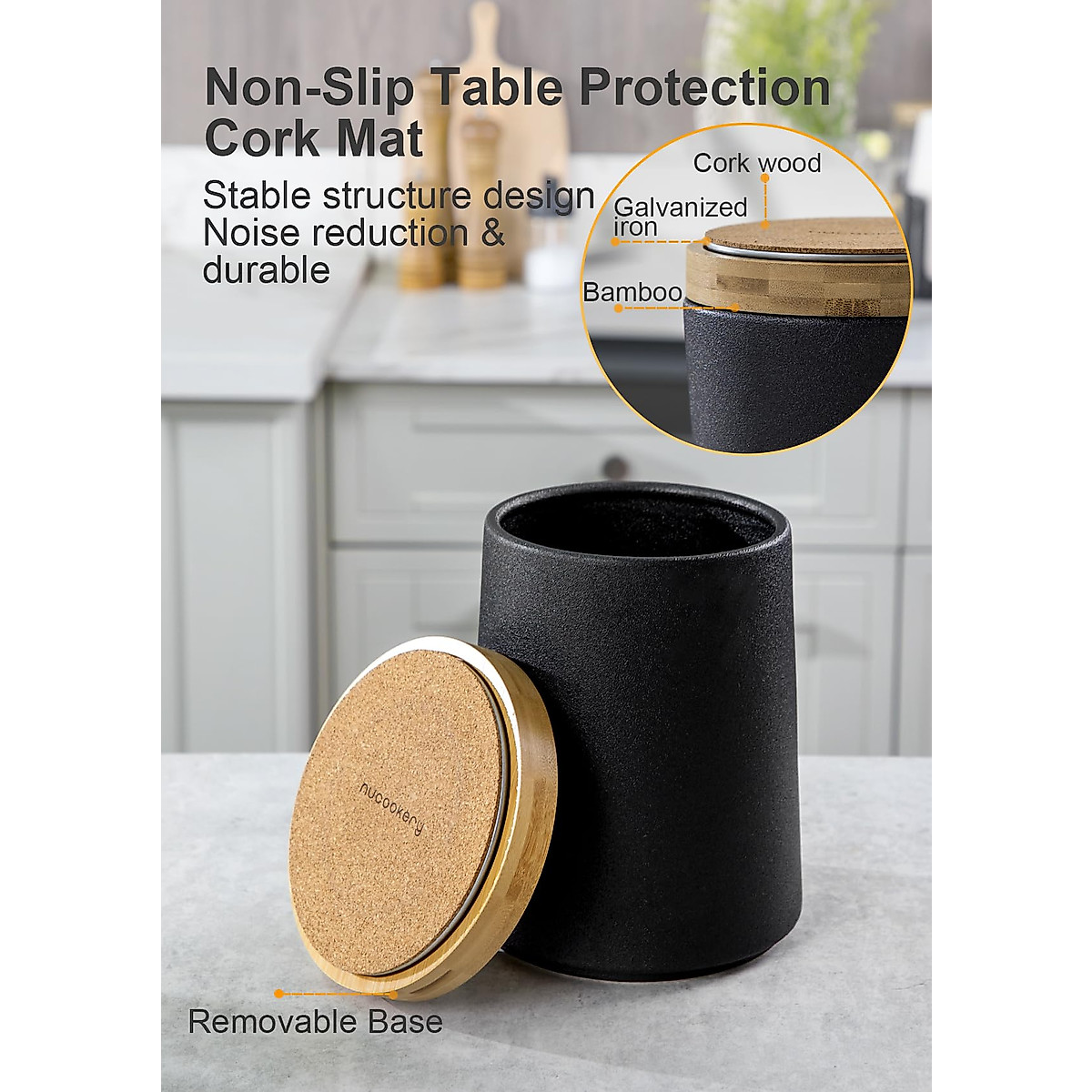 Nucookery 360° Rotating Utensils Holder, 8.2" Extra High Large Ceramic Kitchen Utensil Holder with Countertop-Protection Cork Bottom, Farmhouse Kitchen Decor for Counter (Stone Black)