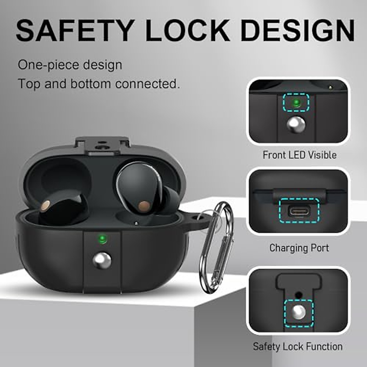 [Secure Lock] Case Cover Compatible with Sony WF-1000XM5, Silicone Case for Sony WF-1000XM5 Earbuds, Shockproof Anti Scratch Case Protective Cover with Carabiner and Lanyard (Black)