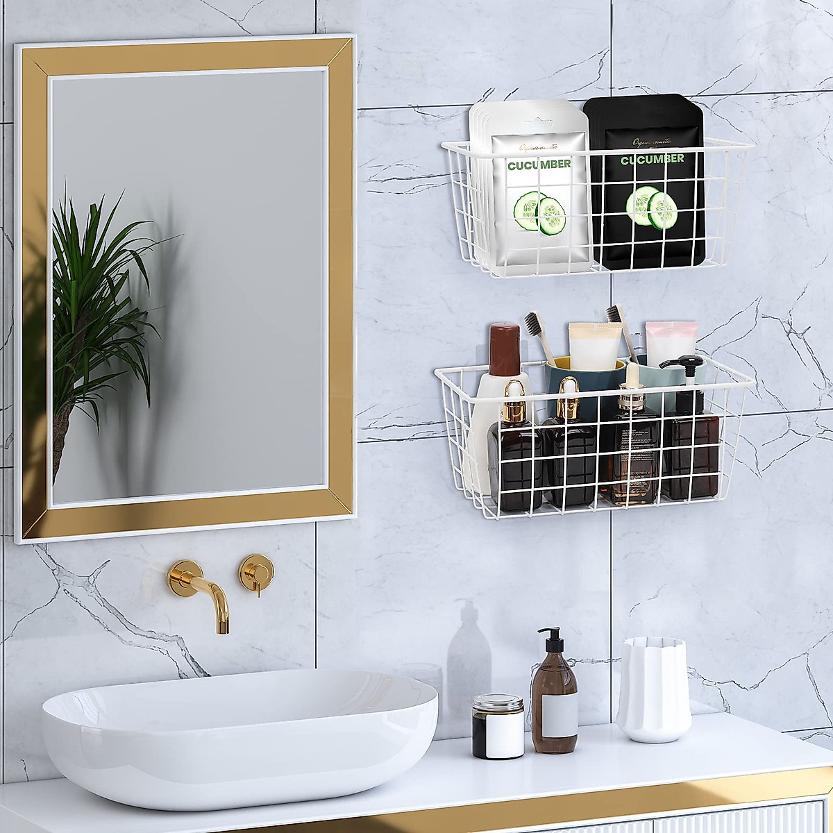 5 Pack Wire Storage Baskets, Hanging Wall Basket Premium Metal Storage Bin Organizer Basket for Home Office Kitchen Pantry Bathroom Countertop