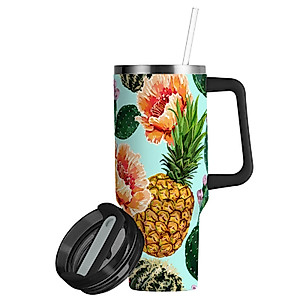 Yasala Car Tumbler with Handle Cactus Pineapple Travel Mug Coffee Cup Insulated Beverage Container Mega Cup for Hot Cold Drinking Thermos Water Bottle Cupholder Friendly 40 oz