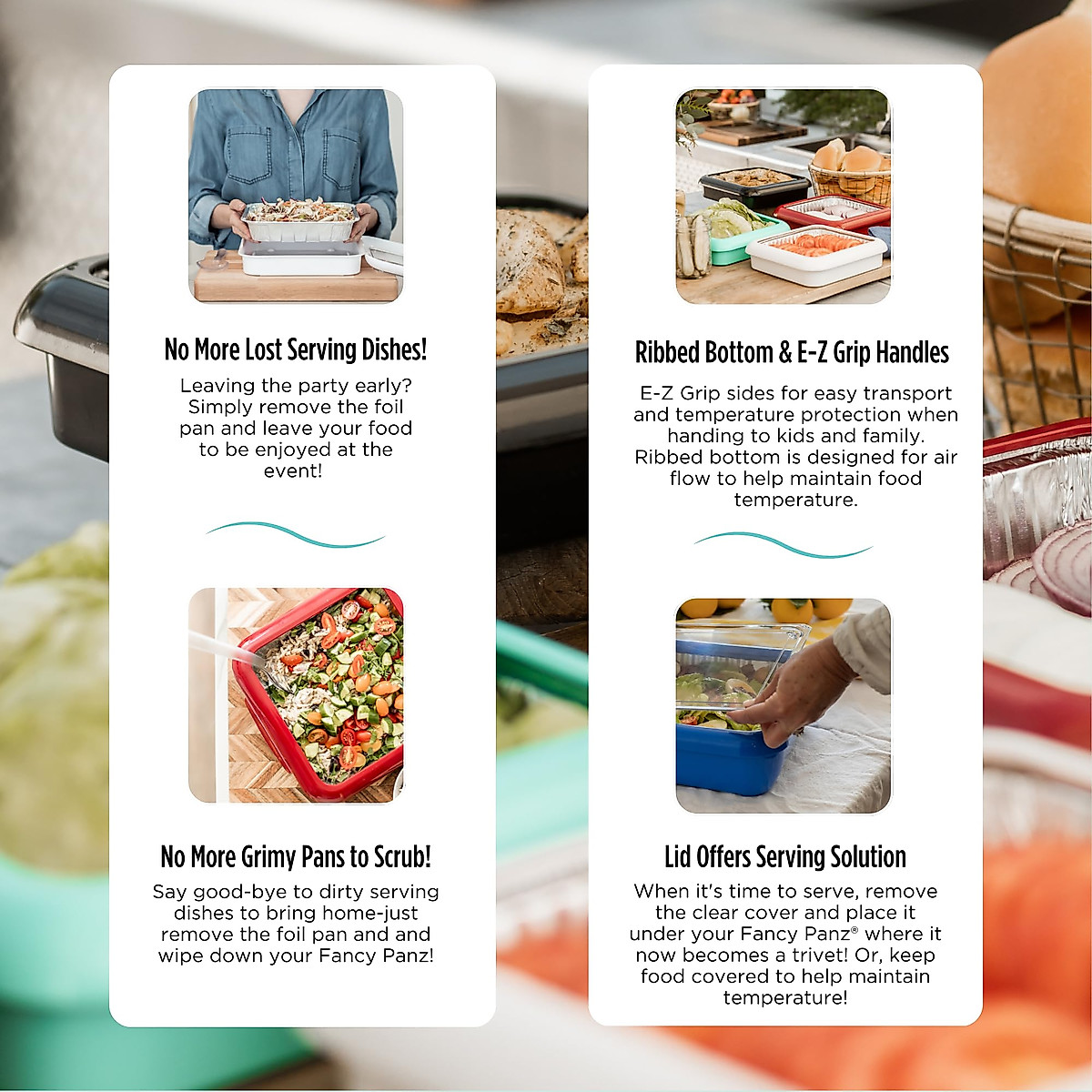 Fancy Panz, Serving Tray for Food, Made in the USA Foil Pan Carrier, Stackable Aluminum Pan Holders, 8x8 Travel Casserole Carrier With 1 Disposable Foil Pan & Serving Spoon, Red