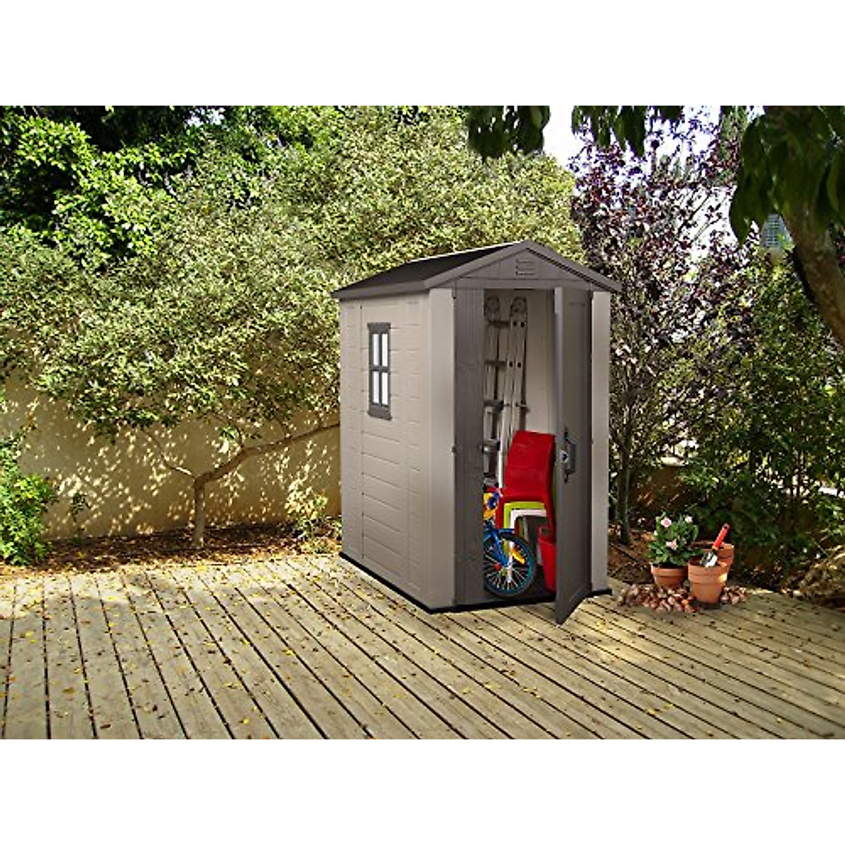 Keter Factor 4x6 Outdoor Storage Shed | Store Patio Furniture, Garden tools, Bike accesories, beach chairs, or Lawn Mowers | Taupe & Brown