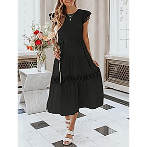 ZESICA Women's 2023 Casual Crew Neck Flutter Sleeve Smocked High Waist Hollow Out Lace Trim Tiered A Line Midi Dress,Black,Small