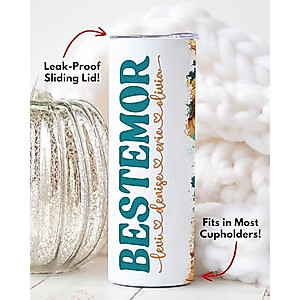 Personalized Bestemor Tumbler, 20 oz Stainless Steel Sunflower Cup with Lid & Straw, Custom Norwegian Grandma Gift with Grandkids’ Names, Floral Coffee Mug for Birthday, Mother’s Day or Christmas