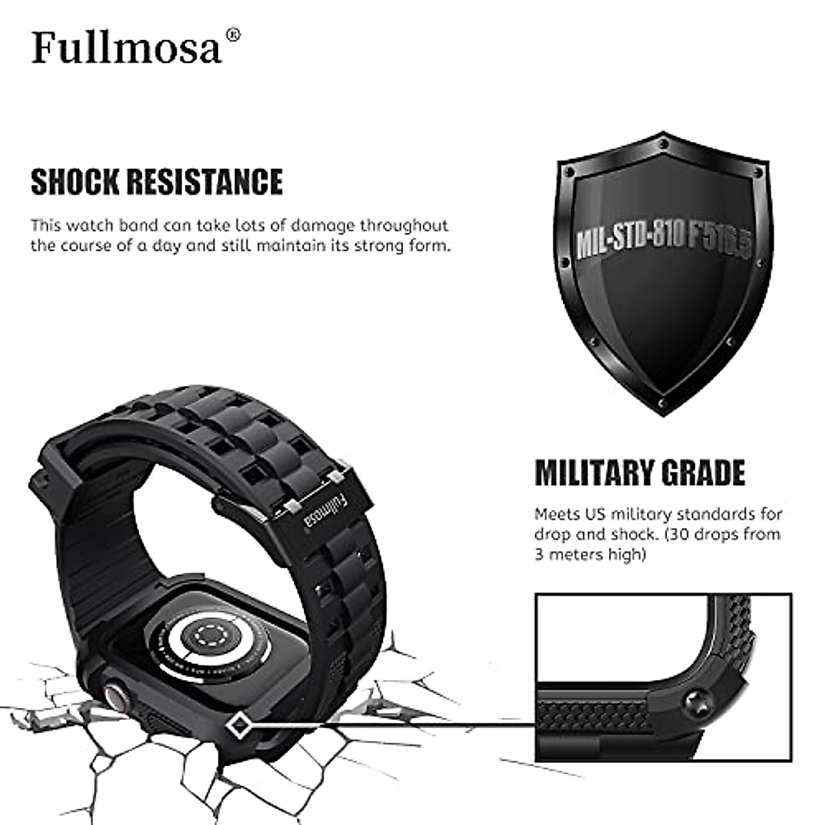 Fullmosa Watch Band, Rugged iWatch Band Silicone with Screen Protector and Bumper Case for Men, Compatible with Apple Watch Series 8/7/6/5/4/SE2/SE (44mm, Black)