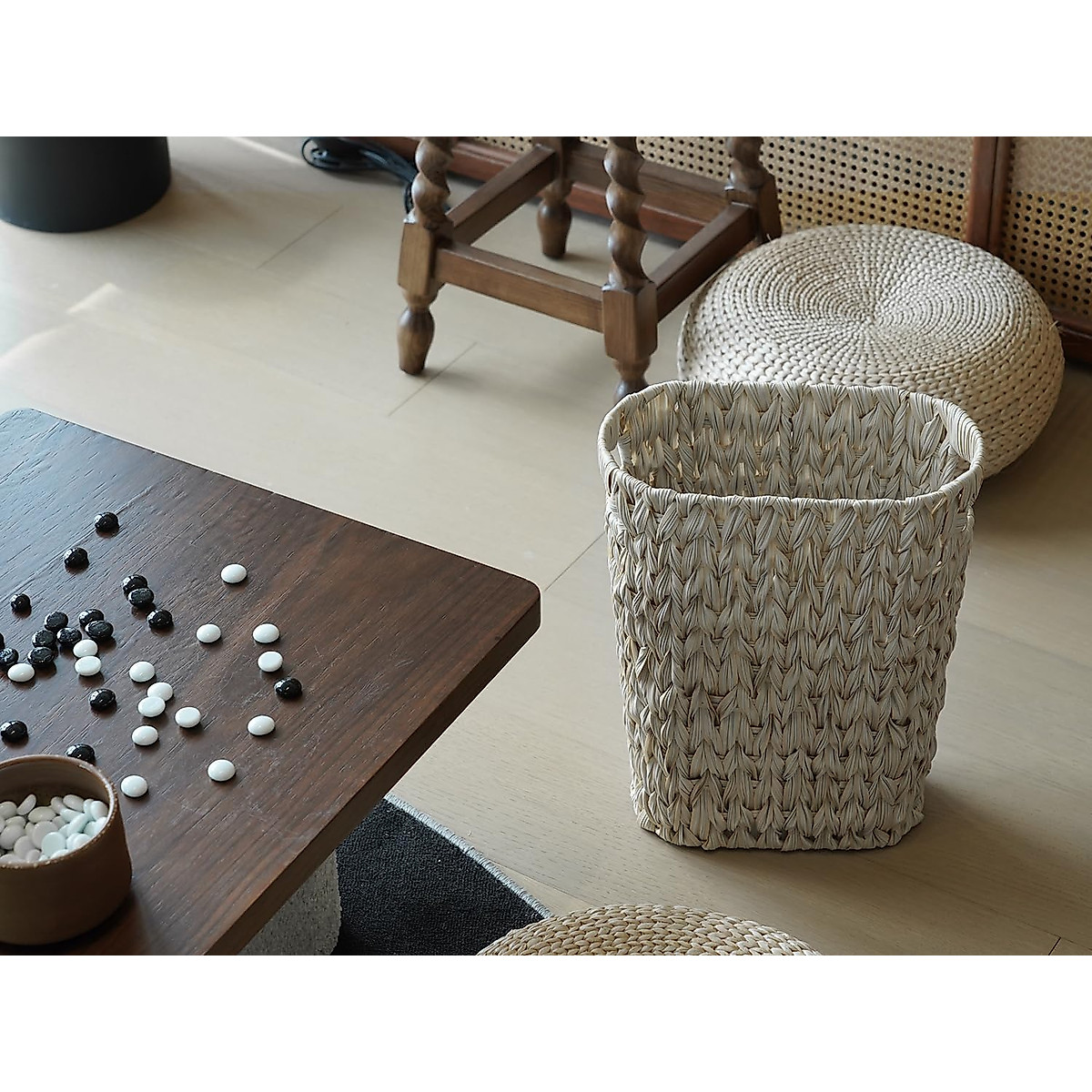 Coeusy Wicker Trash Can,Bathroom Trash Can,Waterproof Wicker Waste Basket for Bathroom,Narrow Small Waste Basket for Bedroom,Office, Cream White 5 Gallon