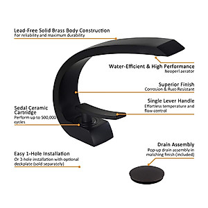 Homary Matte Black 1-Handle Sink Faucet for Bathroom with Pop Up Sink Drain Curved Spout Lavatory 1-Hole Deck Mount, Solid Brass