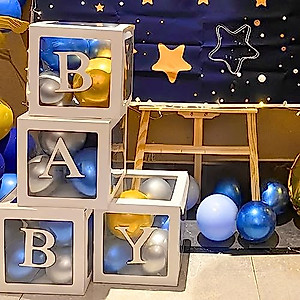 EAF Baby Boxes with Letters for Baby Shower, 4 Pcs Clear Balloon Blocks with 8 Letters for Gender Reveal Decorations and Baby Shower Decorations (White)