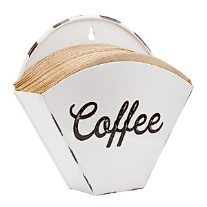 AuldHome Enamelware Coffee Filter Holder (White, Cone-Shaped), Wall-Mount Vintage Farmhouse Style White Filter Storage Container