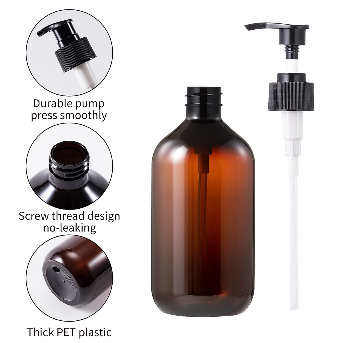 6 Pack Plastic Pump Bottles Dispenser, 16oz/500ml Empty Cylinder Shampoo Soap Dispenser, Refillable Containers with Extra Sprayer Pump Labels for Body Wash, Lotion, Gel(Amber)