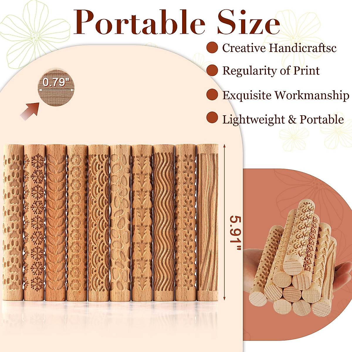 Lzttyee Set of 10 Wooden Handle Pottery Tools Clay Modeling Pattern Rollers Kit Brown (Set of 10)