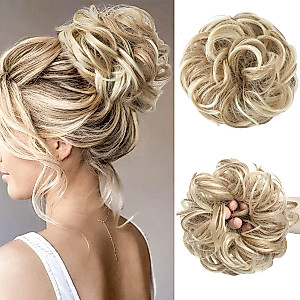 CJL HAIR Large Messy Bun Hair Piece Wavy Curly Scrunchies Synthetic Chignon Ponytail Hair Extensions Thick Updo Hairpieces for Women Dirty Blonde