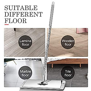 Black Squeeze Flat Floor Mop and Bucket Set,Stainless Steel Handle Adjustable, 4 Washable & Reusable Microfiber Mop Pads, Professional Commercial Home Mops for Floor Cleaning