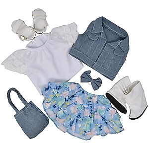 Gift Boutique 18 Inch Girl Doll, Fashion Doll with Fine Blond Long Hair for Styling, Blue Eyes, Floral Outfit Denim Jacket Sandals Boots Hair Bow Handbag, Doll Clothes & Accessories for Girls and Kids