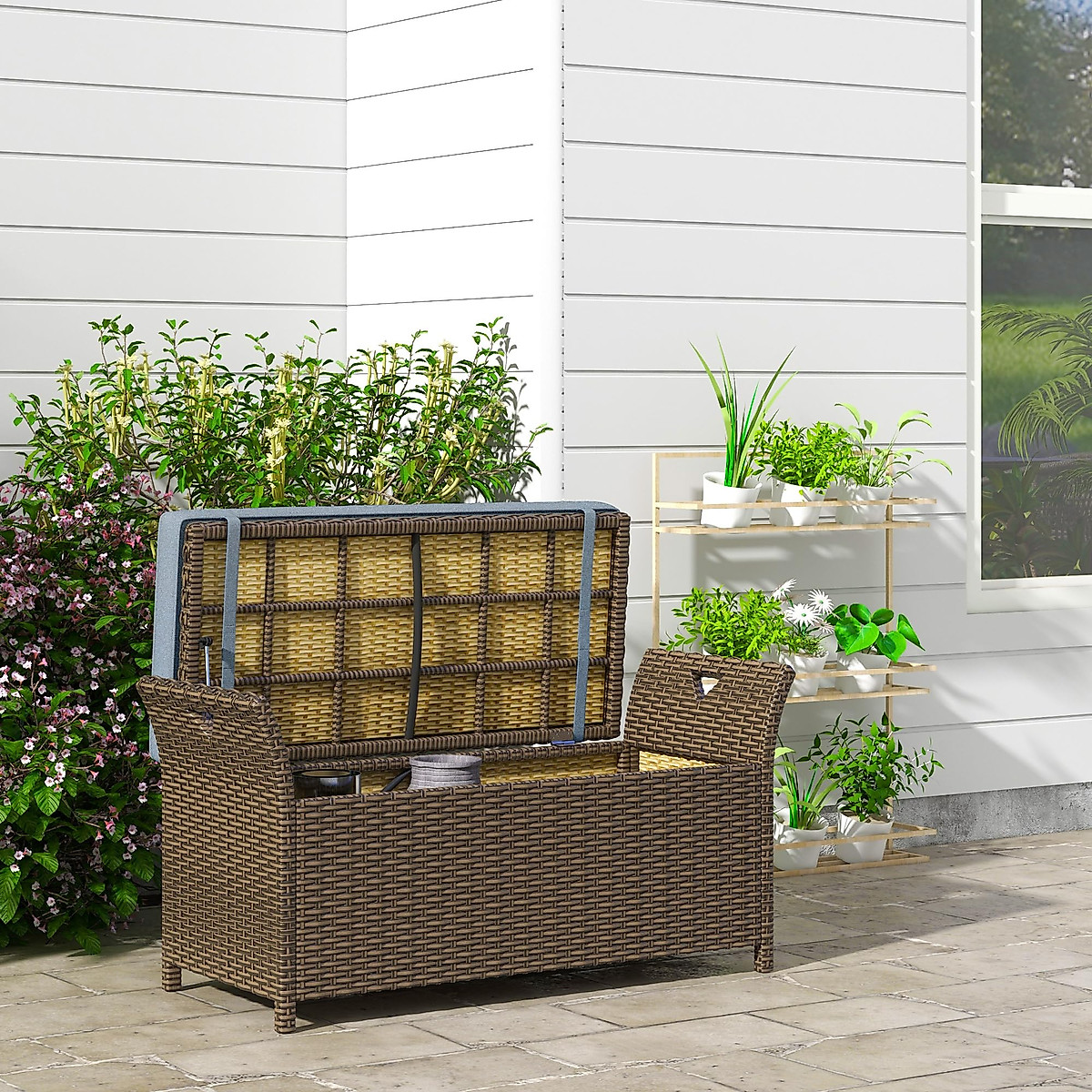 Outsunny 27 Gallon Patio Wicker Storage Bench, Outdoor PE Rattan Patio Furniture, 2-in-1 Large Capacity Rectangle Garden Storage Box with Handles and Cushion, Dark Blue