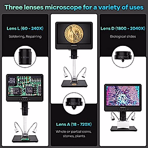 Andonstar AD249S-M 10.1 Inch HDMI Digital Microscope 2000x for Adults, 3 Lens 2160P UHD Video Record, Soldering Microscope, Coin Microscope, Biological Microscope Kit with 32G Card, Windows Compatible