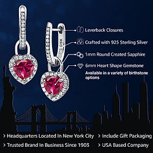 Gem Stone King 925 Sterling Silver Heart Gemstone Birthstone and White Created Sapphire Earrings | Heart Shape 6MM | Drop Dangle Earrings for Women