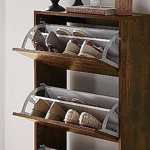 MYINDA 3-Tier Wooden Shoe Cabinet with Wooden Flip Doors for Storing 18-20 Pairs of Shoes, Suitable for Entryways, Office, Small Spaces (Brown)